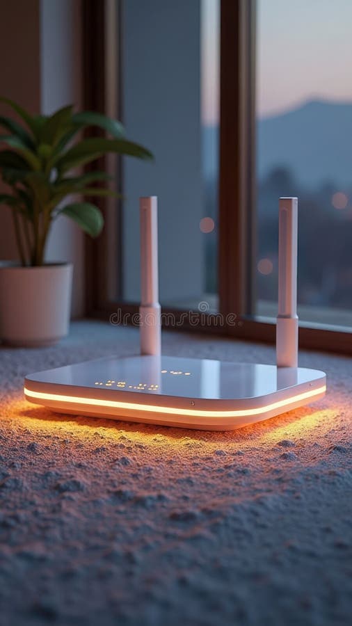 Modern Wireless Router with Antennas in Cozy Indoor Setting at Sunset ...