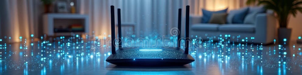 Modern Wireless Router with Blue Lights in Cozy Living Room Setting ...