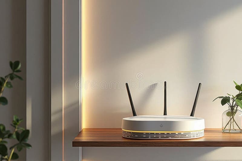 Modern Wireless Router on Wooden Shelf in Sunlit Room with Minimalistic ...