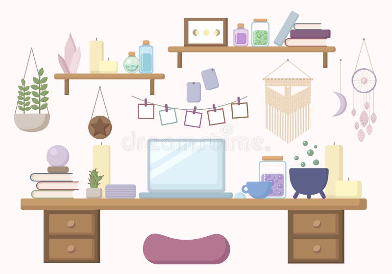 Modern Witch Workspace in Pastel Colors Flat Illustration Stock Vector ...
