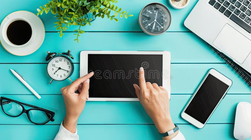 Modern Woman Embracing Technology at Workspace Stock Illustration ...