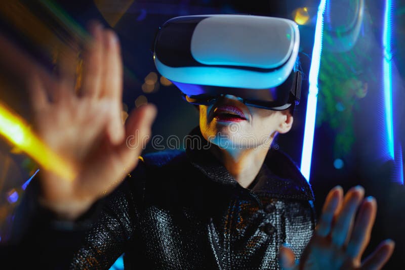 Modern Woman in Metaverse in Vr Goggles Exploring Stock Image - Image ...
