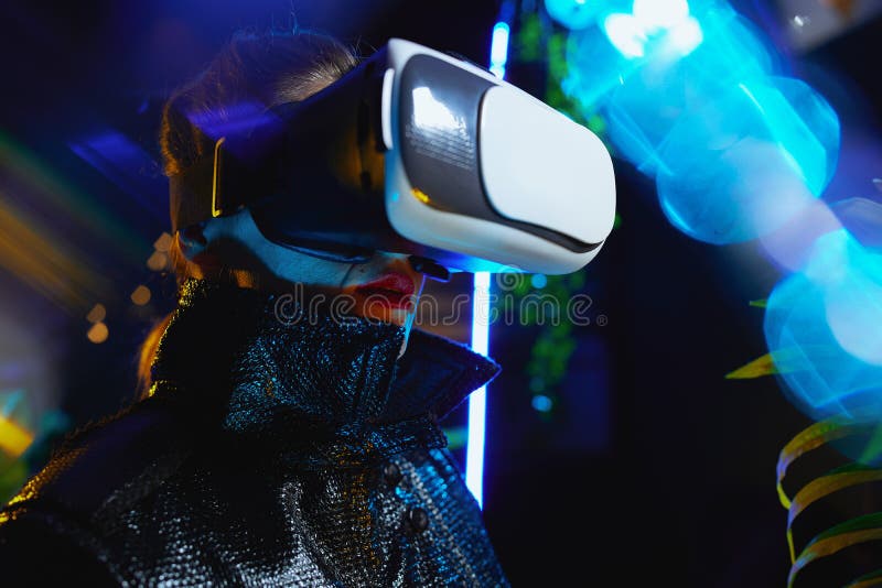 Middle Aged Woman in Metaverse in Vr Goggles Stock Photo - Image of ...