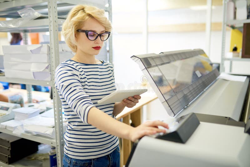 Modern Woman Using Plotter stock image. Image of cmyk - 109719721