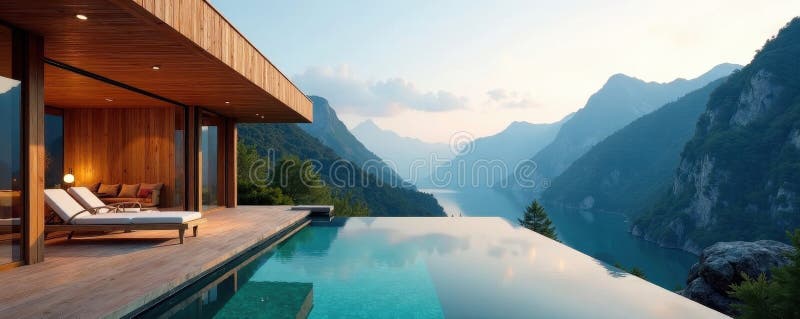 Modern Wood Cabin, Mountain View, Infinity Pool, Spa, Deck Stock ...