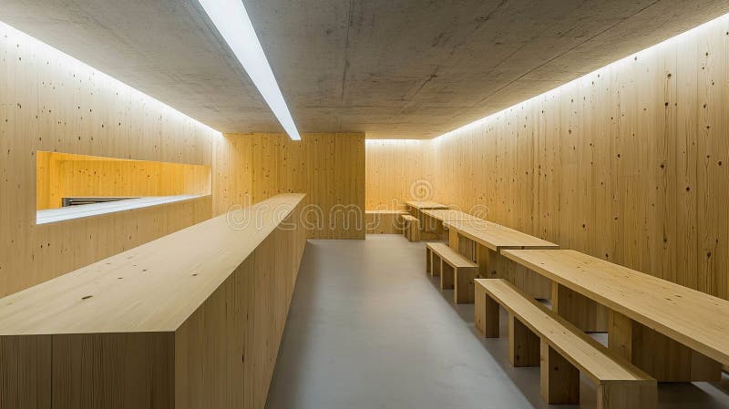 Modern Wood Canteen Interior, Minimalist Design, Subtle Lighting ...