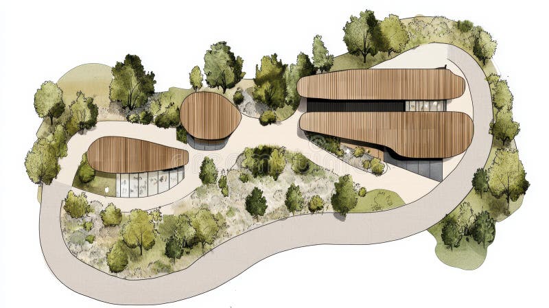 Modern Wood Clad Hillside Building Complex Architectural Rendering ...