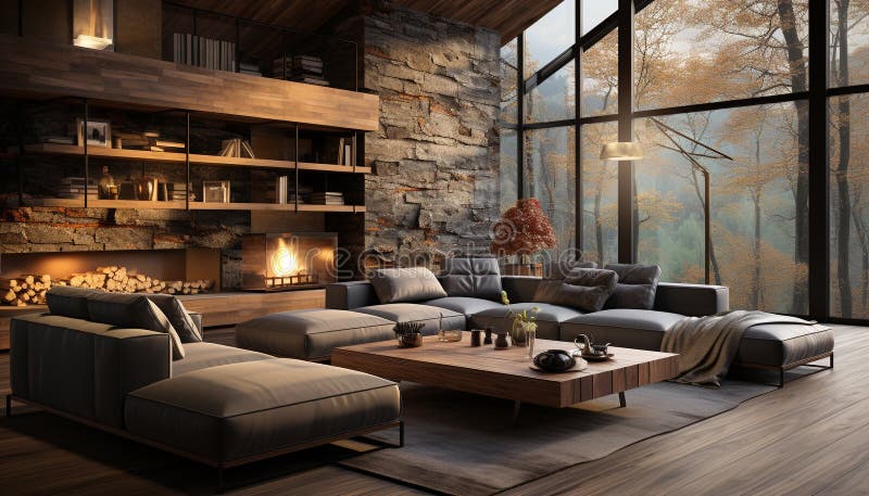 Modern Wood Design, Comfortable Sofa, Luxury Home Interior Generated by ...