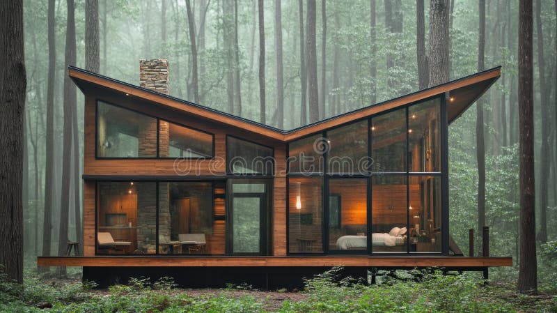 Modern Wood and Glass Cabin in a Misty Forest Stock Image - Image of ...