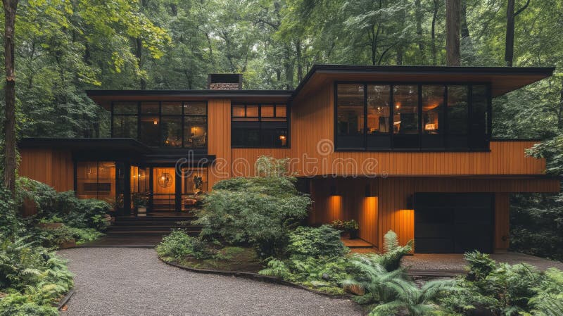 Modern Wood House in Lush Forest Setting Stock Photo - Image of real ...
