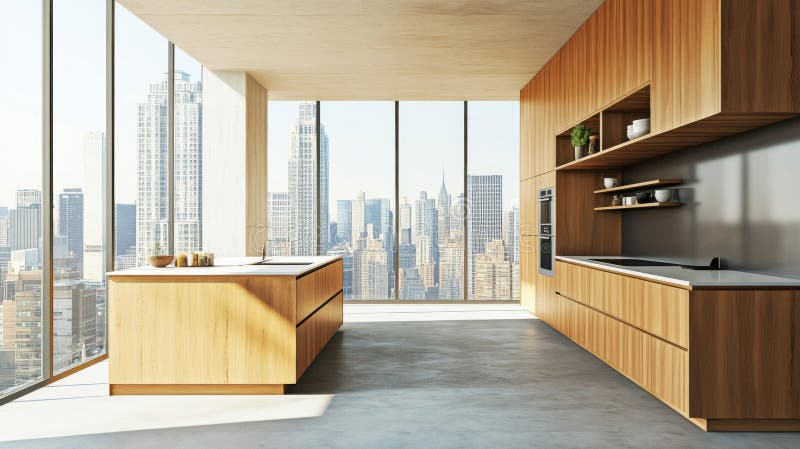 Modern Wood Kitchen with Panoramic City View Stock Illustration ...