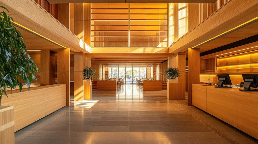 Modern Wood Lobby Interior Design with Sunlit Atrium Stock Illustration ...