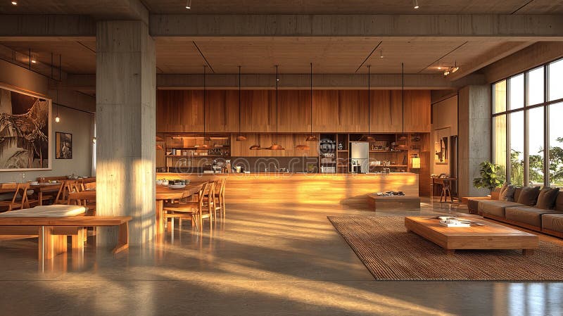 Modern Wood Lounge, Sunset View, City Backdrop, Relaxing Space Stock ...