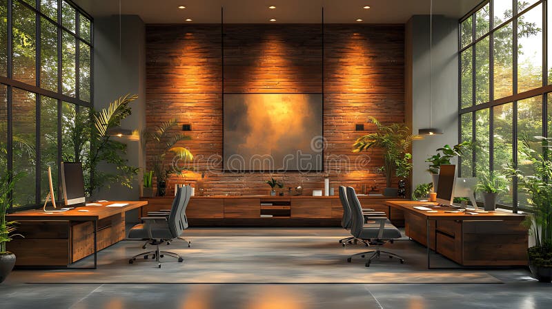 Modern Wood Office, Two Desks, Large Windows, Nature View, Workspace ...