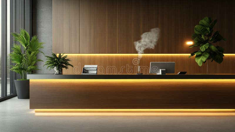 Modern Wood Reception Desk in Minimalist Lobby Interior Stock ...