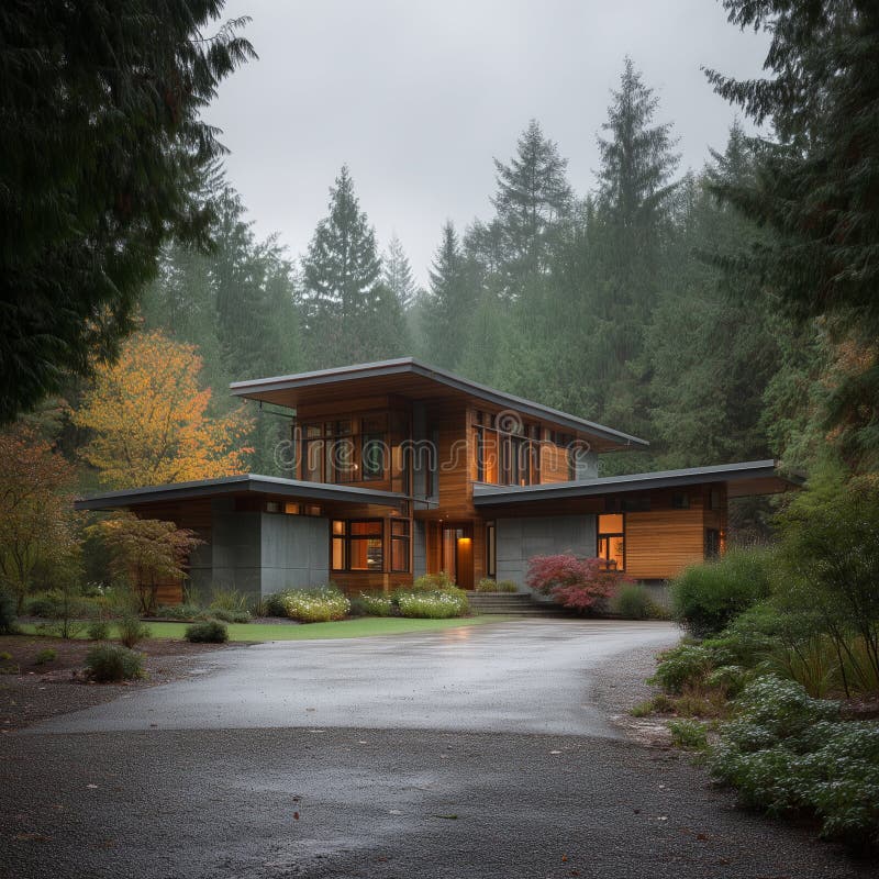Modern Wood-Sided Home in a Forest Setting Stock Photo - Image of ...