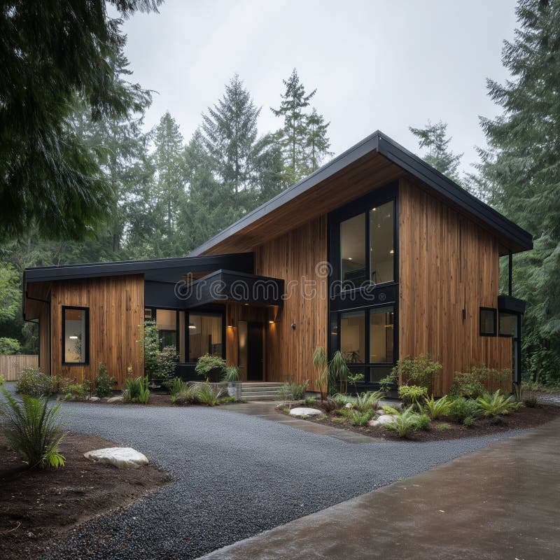 Modern Wood-Sided Home in a Forest Setting Stock Photo - Image of ...