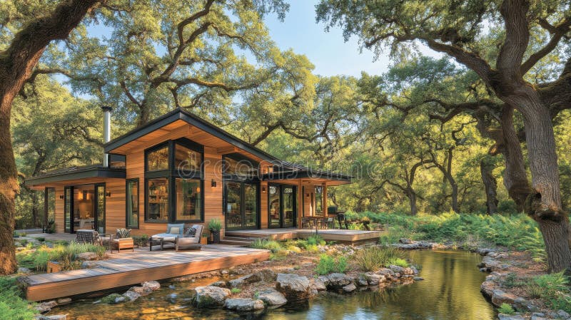 Modern Wood and Stone House with Water Feature Stock Photo - Image of ...