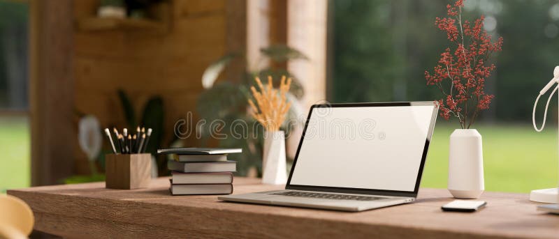 Modern Wood Workspace Table with Portable Laptop Over Blurred Modern ...