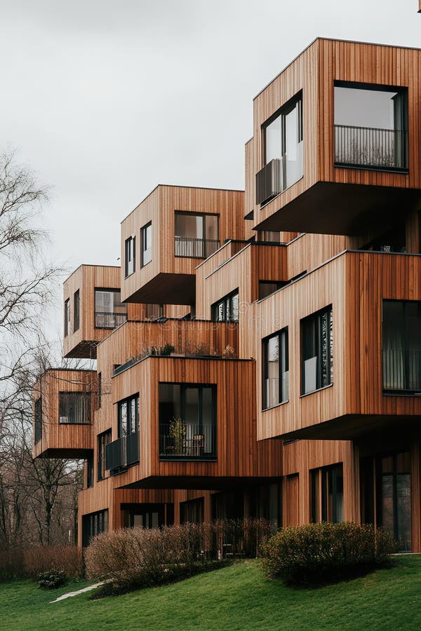 Modern Wooden Apartment Complex with Unique Geometric Design and Large ...