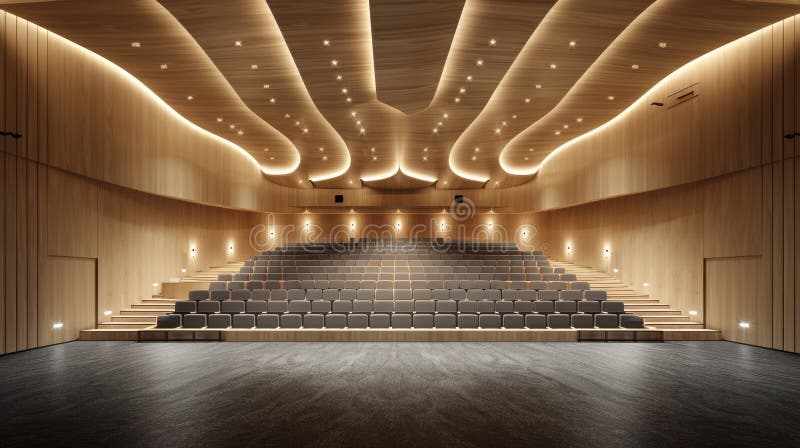 Modern Wooden Auditorium with Curved Ceiling and Rows of Seating in a ...