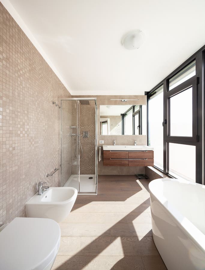Modern Wooden Bathroom with Large Windows Stock Photo - Image of bath ...