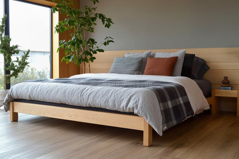 Modern Wooden Bed Frame in Minimalist Bedroom with Cozy Decor Stock ...