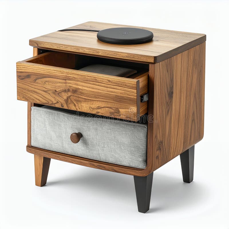 Elegant Bedside Table in Wood with Drawer, Wireless Charger and Fabric ...