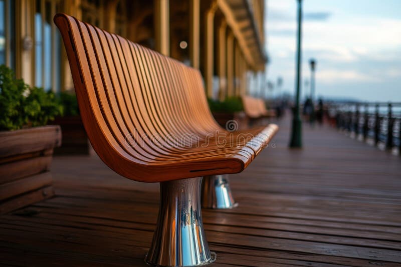 Modern Wooden Bench on Historic Boardwalk with Architectural Details ...
