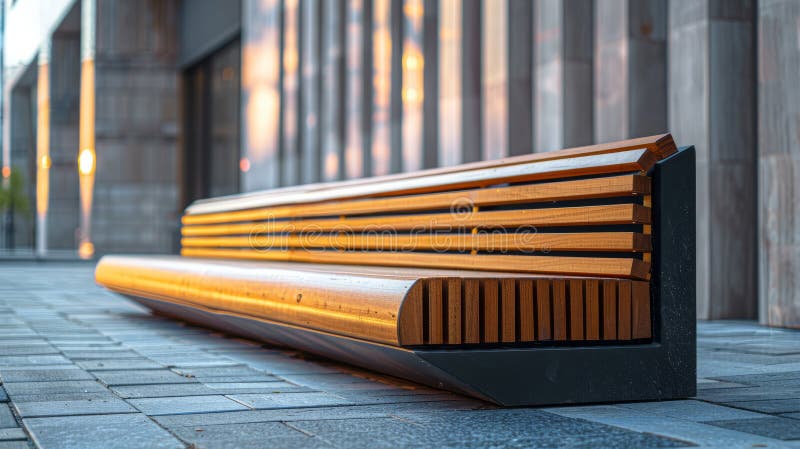 Modern Wooden Bench in an Urban Setting with Reflections and Sunlight ...
