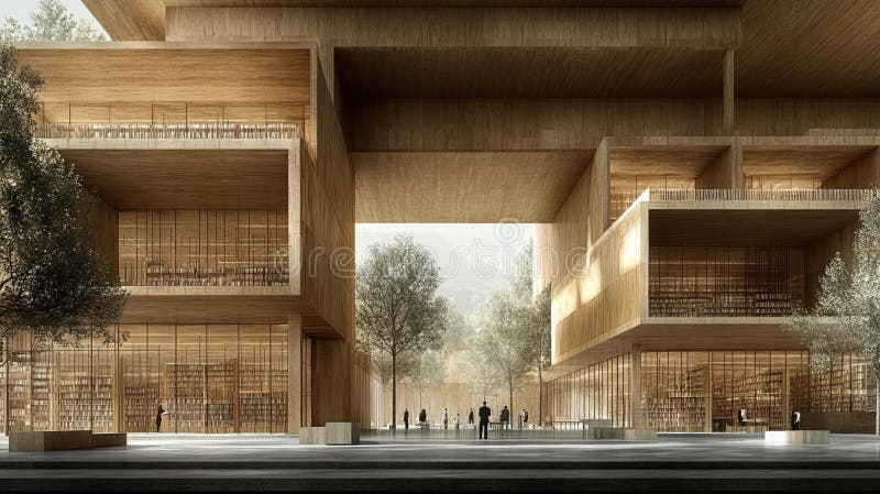 Modern Wooden Building Exterior with Open Spaces and Trees Stock Photo ...