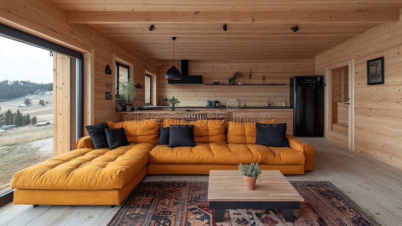 Modern Wooden Cabin Interior with Panoramic Views Stock Illustration ...