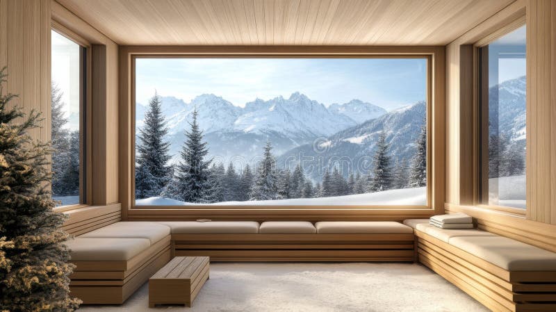 Modern Wooden Cabin Interior with Snowy Mountain View Stock ...