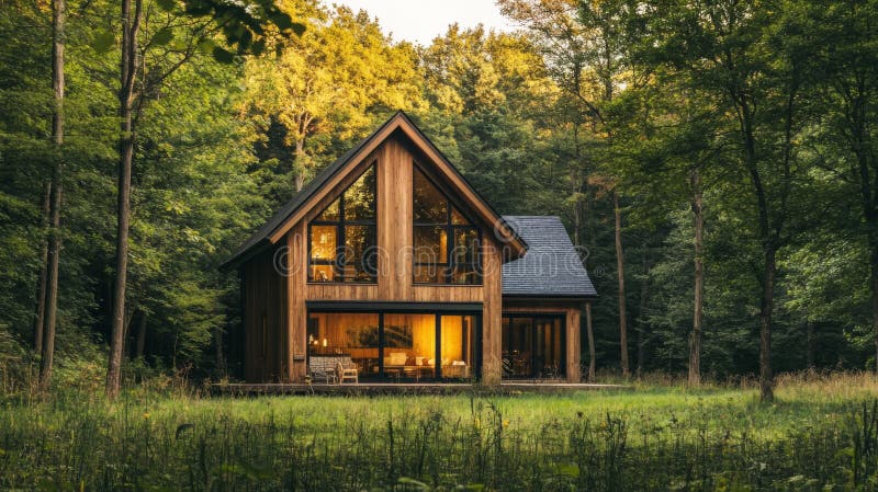 Modern Wooden Cabin Nestled in a Lush Forest Stock Illustration ...