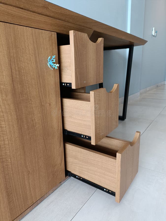 Wooden Cabinet with Open Drawers in Minimalist Office Interior Stock ...