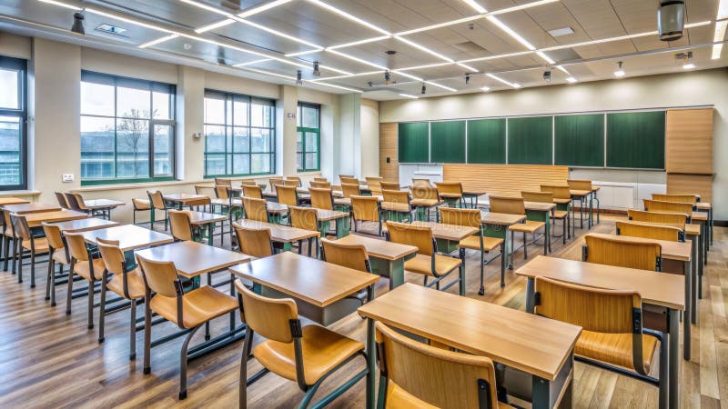 Modern Wooden Chairs in Empty University Classroom Spacious and ...