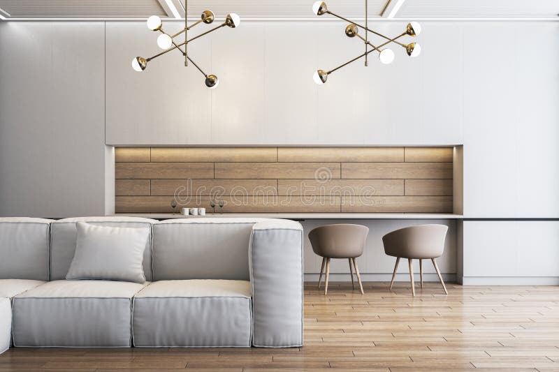 Modern Wooden and Concrete Kitchen Interior with Couch, Table and ...