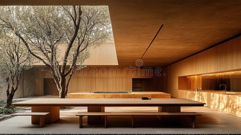 Modern Wooden Courtyard Home Interior with Large Table, Tree, and ...
