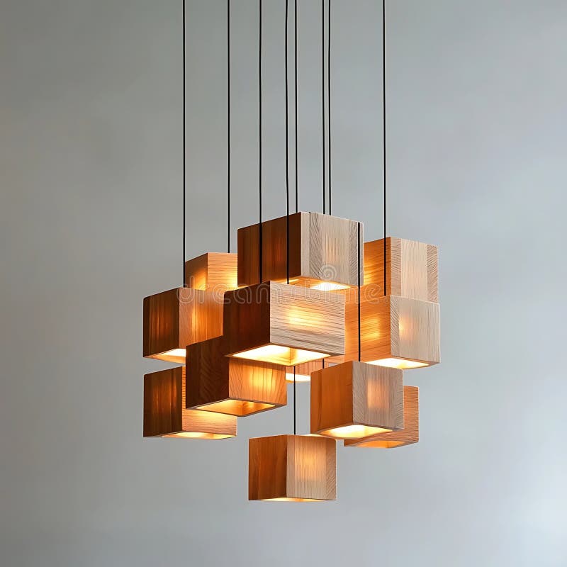Modern Wooden Cube Chandelier with Multiple Warm Light Sources Hanging ...