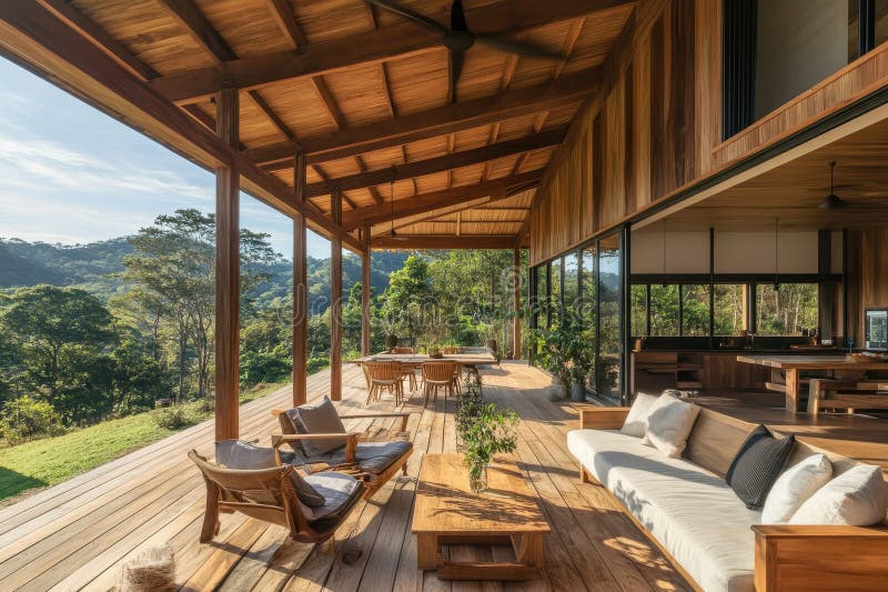 Modern Wooden Deck with Seating and Dining Area Overlooking Lush ...