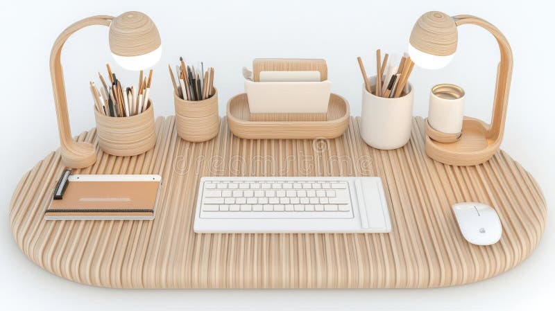 Modern Wooden Desk Setup stock photo. Image of lamps - 368968638