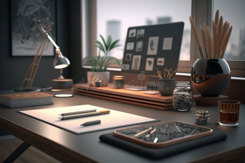 Modern Wooden Desk Study, Generative Ai Stock Illustration ...