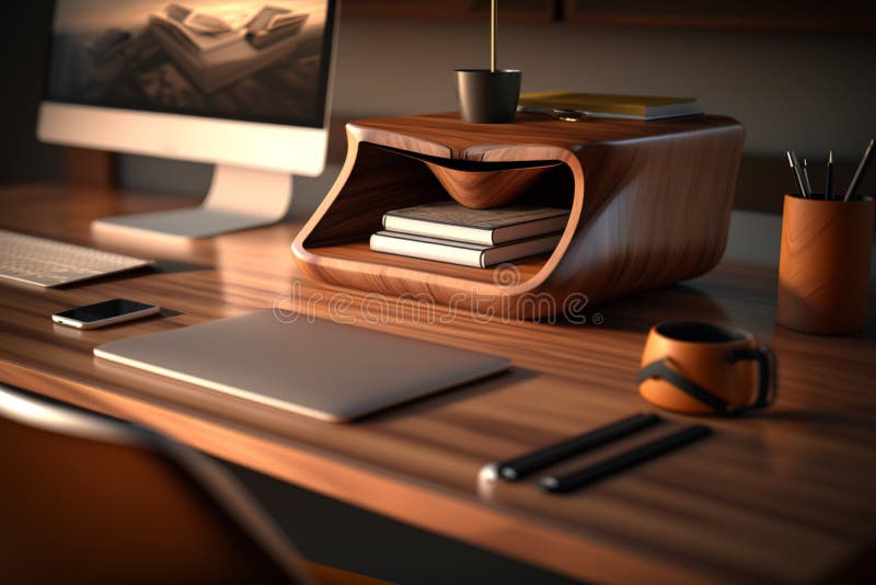 Modern Wooden Desk Study, Generative Ai Stock Illustration ...