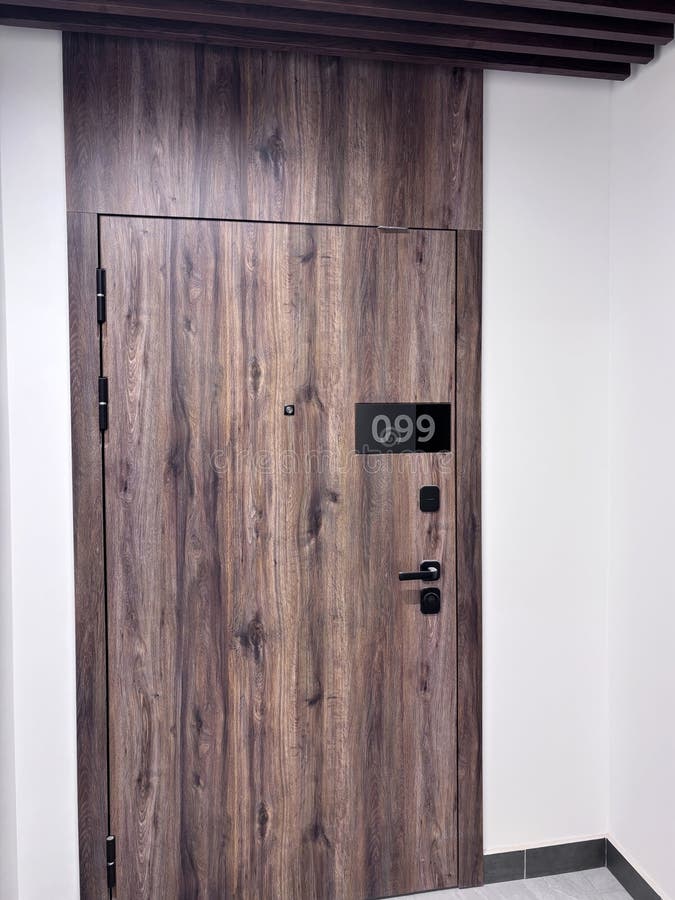 Modern Wooden Door with Apartment Number Stock Image - Image of ...
