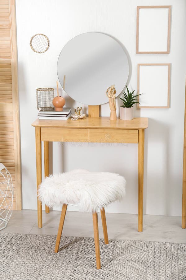 Modern Wooden Dressing Table with Mirror and Stool in Room Stock Photo ...