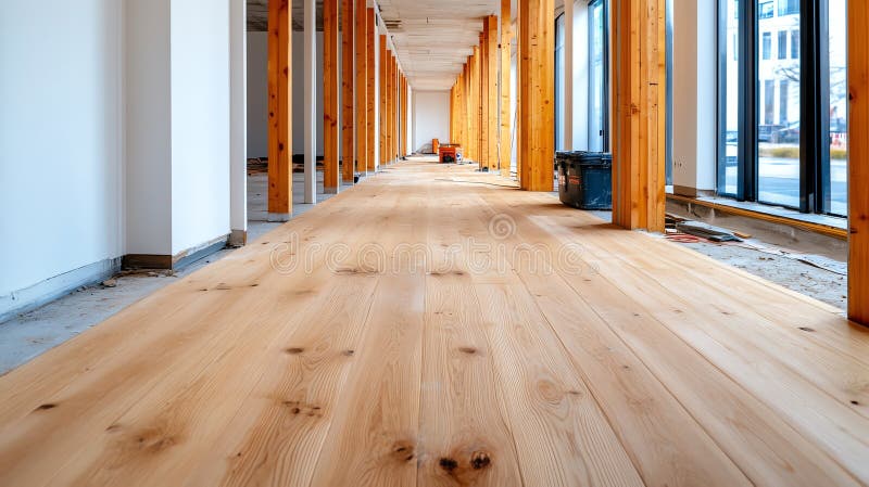 Modern Wooden Floor in Spacious, Light-filled Hallway with Wooden Beams ...