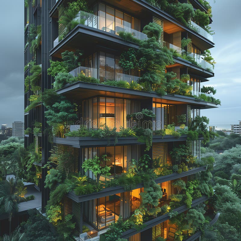 A Modern Wooden High-rise Building Covered in Numerous Plants and ...