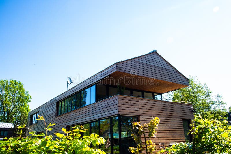 Modern Wooden House with Blue Sky, Side View Stock Image - Image of ...