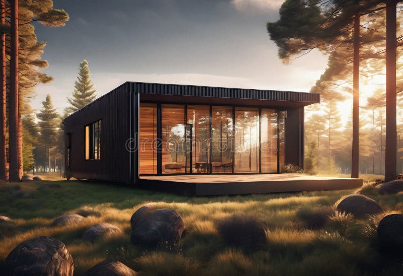 Modern Wooden House in the Forest. Computer Digital Drawing Stock Image ...