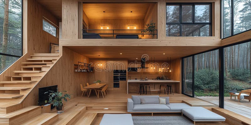 Modern Wooden House Interior Design with Open Layout and Large Windows ...